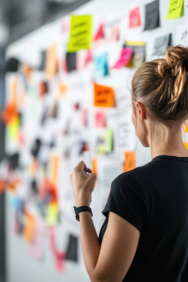 Female Professional Organizing Tasks on Sticky Note Wall in Office ...