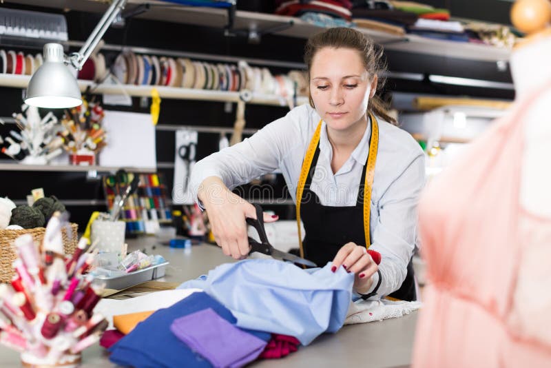Female Professional Sewer Cut Textile at Sewing Workshop Stock Image ...