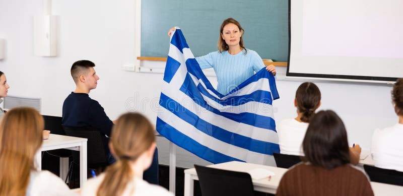 Female Professor Shows Students Flag of Greece Stock Image - Image of ...