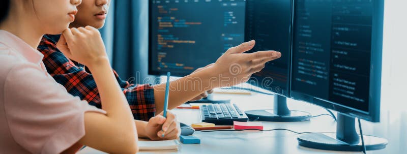 Female Programer Explain while Pointing Code Displayed on Computer. Burgeoning. Stock Image ...