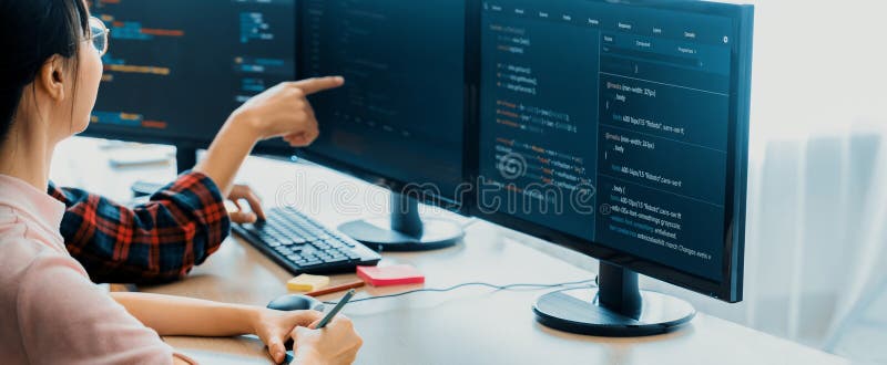 Professional Programer Looking Computer Desktop with Coding Program ...