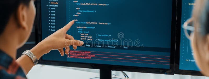 Professional Programer Looking Computer Desktop With Coding Program