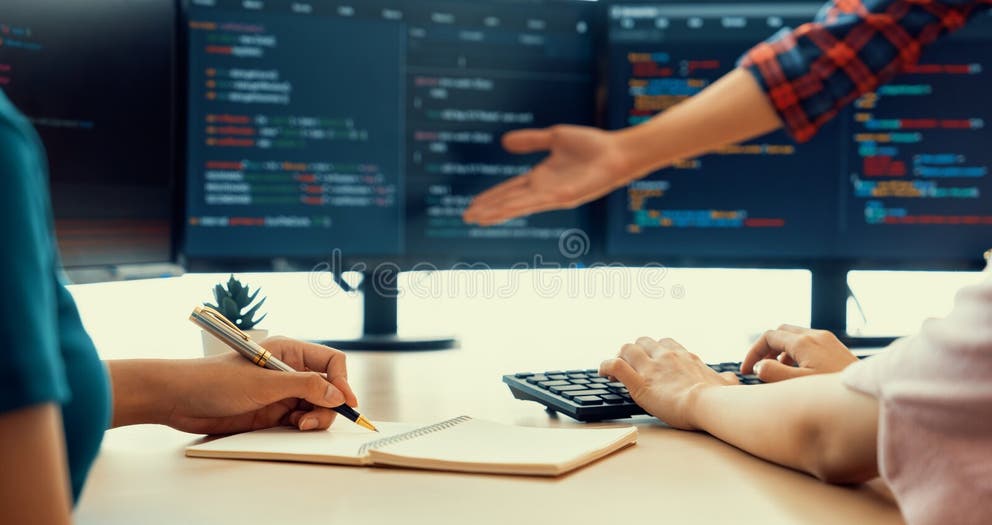 Female Programer Taking a Note while Web Developer Present Program. Burgeoning. Stock Image ...