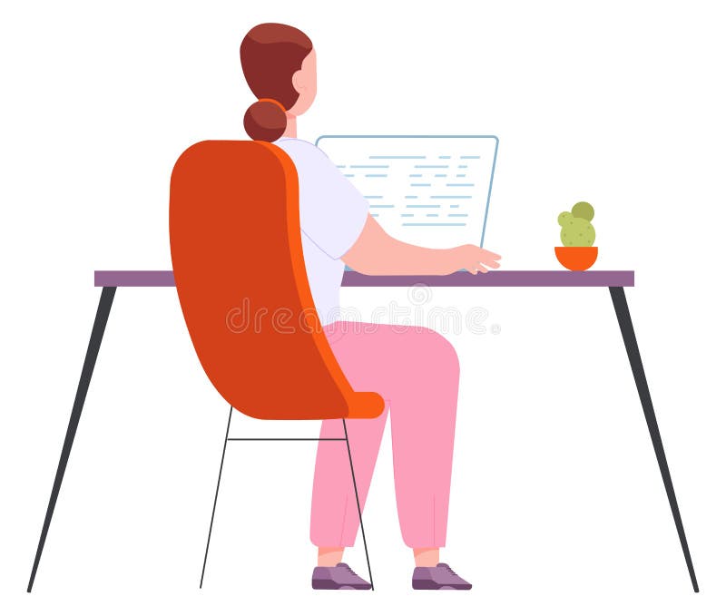 Female Programmer Back View Young Freelancer Workplace Stock Vector