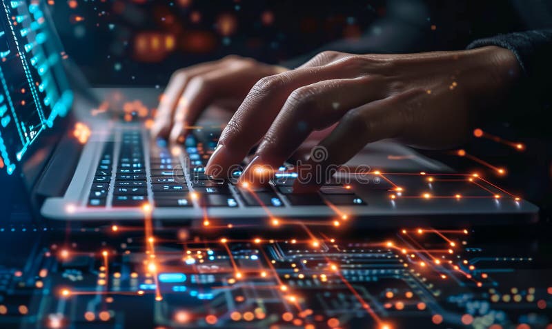 Female Programmer Coding AI Software Application with Digital Circuits ...