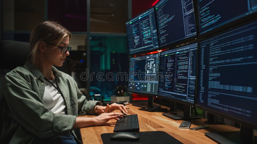 Female Programmer Coding on Desktop Computer with Six Monitors Setup in ...