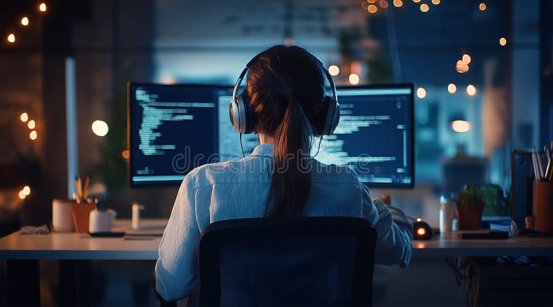 Focused Female Programmer Coding at Night with Dual Monitors Setup Stock Image - Image of ...