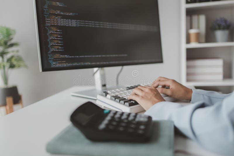 Female Programmer Typing On Computer Keyboard Programmer Designing Custom Computer Programming