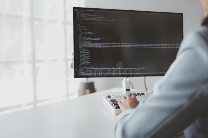 Female Programmer Typing On Computer Keyboard Programmer Designing Custom Computer Programming