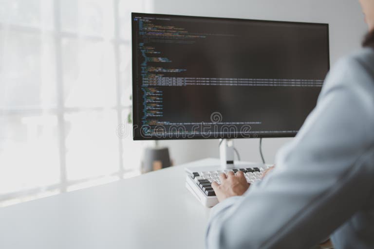 Female Programmer Typing on Computer Keyboard, Programmer Designing Custom Computer Programming ...