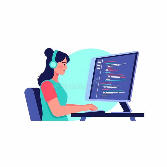 Female Programmer Working on Code Stock Illustration - Illustration of ...