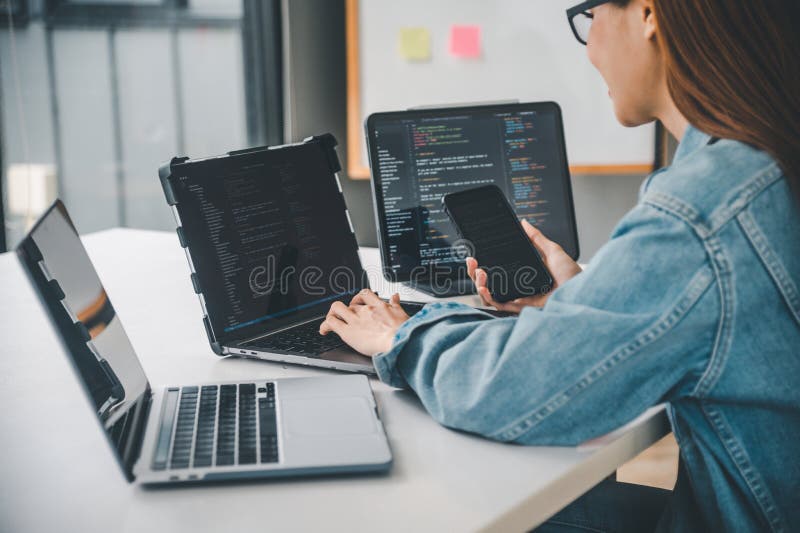 Female Programmer Working on Coding, Software Development and Web ... Female Programmer Working on Coding, Software Development and Web ...