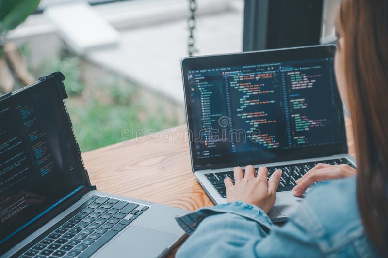Female Programmer Working on Coding, Software Development and Web ... Female Programmer Working on Coding, Software Development and Web ...