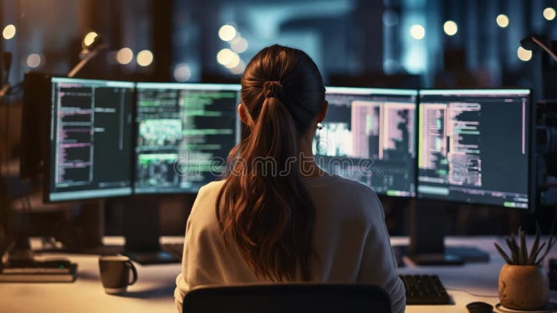 A Female Programmer Working at a Desk with Multiple Monitors Displaying Code. the Dimly Lit ...