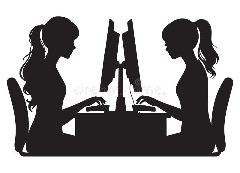 Female Programmers Silhouette Working at Desktops in Office Setting ...