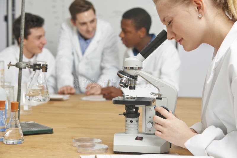 Portrait of Pupil Using Microscope in Science Lesson Stock Photo ...
