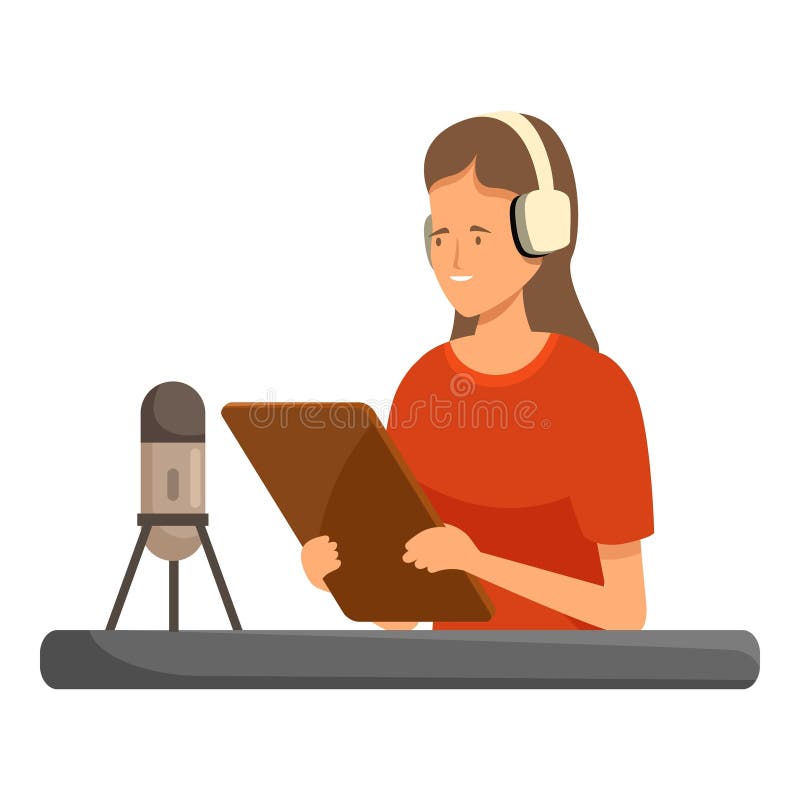 Female Radio Host Recording Podcast, Talking in Microphone and Reading ...
