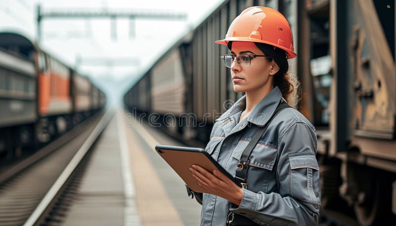 Female Railway Worker Using Tablet on Tracks Stock Illustration ...