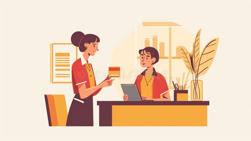 Female Receptionist at the Reception Desk with a Customer. Illustration ...