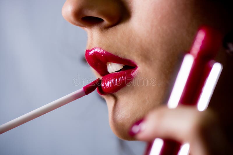Female Red Gloss Lips with Brash Stock Photo - Image of closeup, hand ...