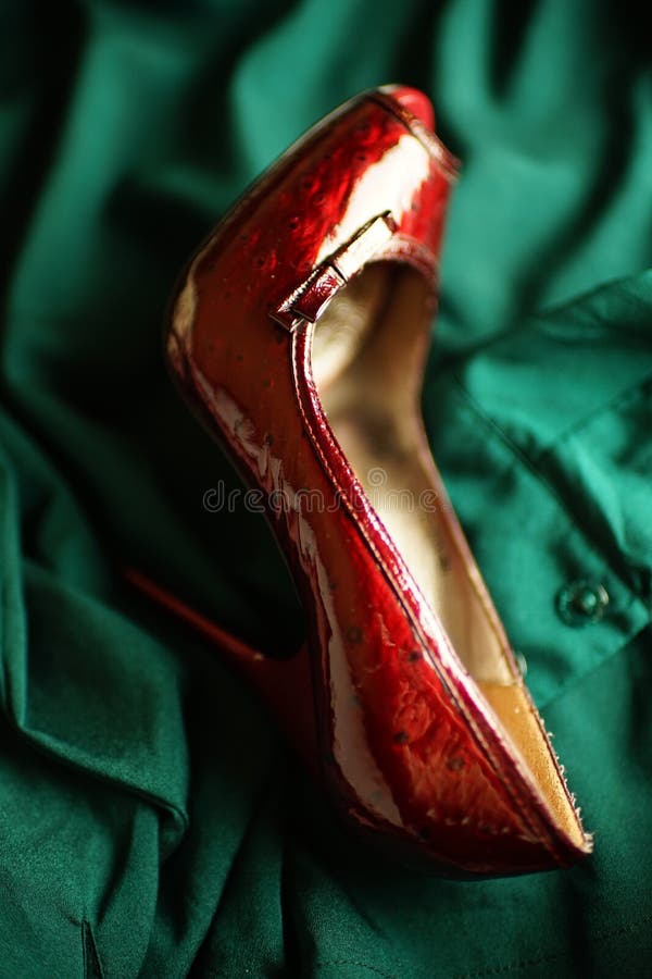 Female Red Heels in Classic Style on Emerald Blouse Stock Photo - Image ...