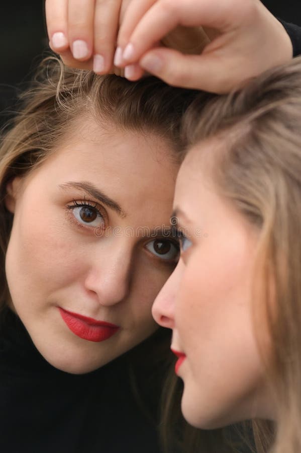 Female with Red Lips Looking into Mirror Stock Image - Image of salon ...