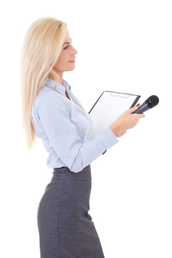 Female Reporter with Microphone and Clipboard Isolated on White Stock ...