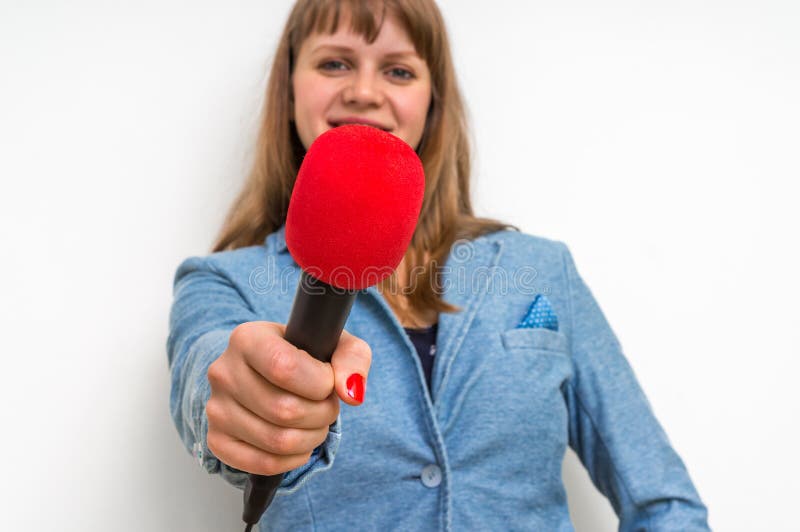 Female Reporter at Press Conference with Microphone Stock Image - Image ...
