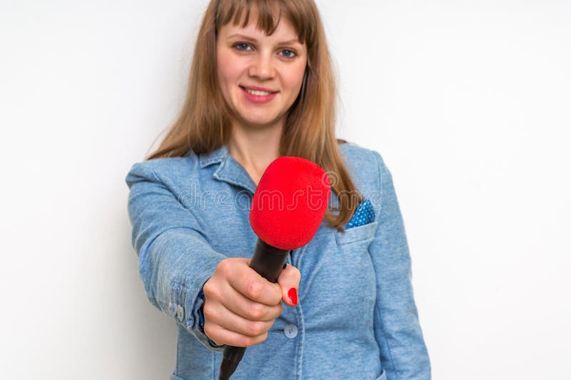 Female Reporter with Red Microphone Making Interview Stock Photo ...