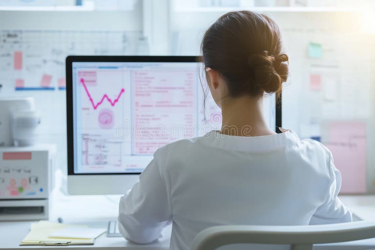 Female Researcher Analyzing Data on a Computer Stock Illustration ...