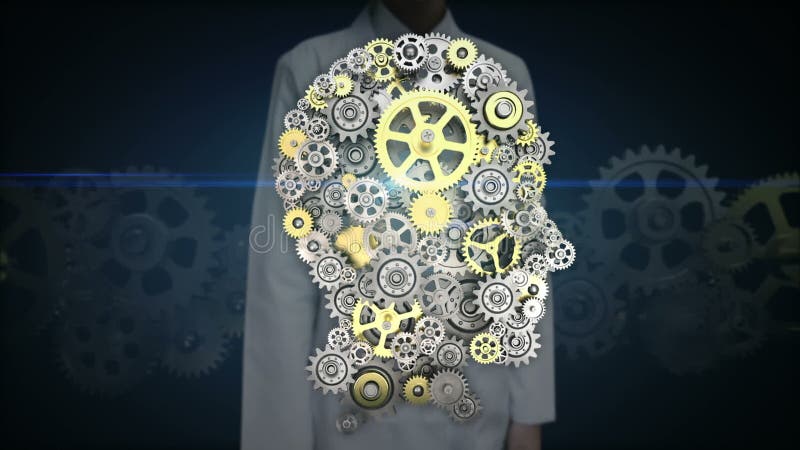 Female Researcher, Engineer Touching Screen, Gears Making Human Head ...