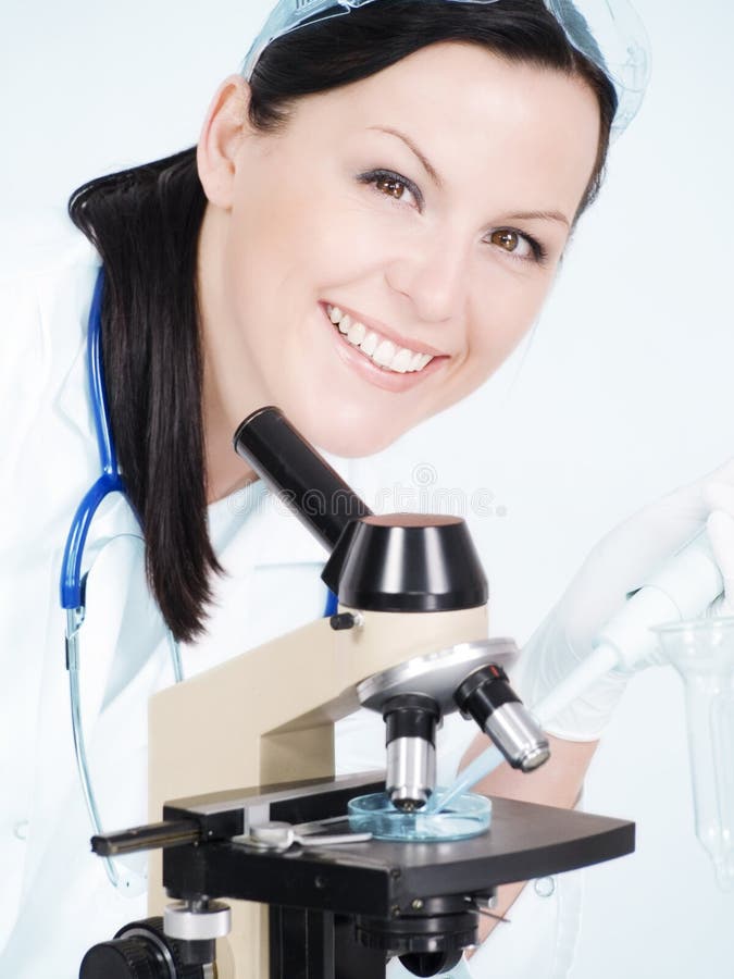 Female Researcher Working on Microscope Stock Image - Image of female ...