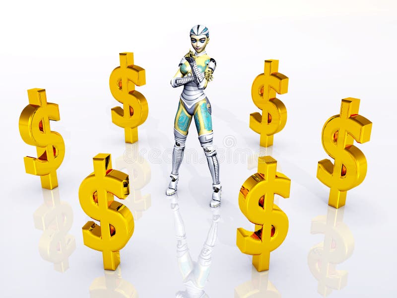 Female Robot and Dollar Signs Stock Illustration - Illustration of ...