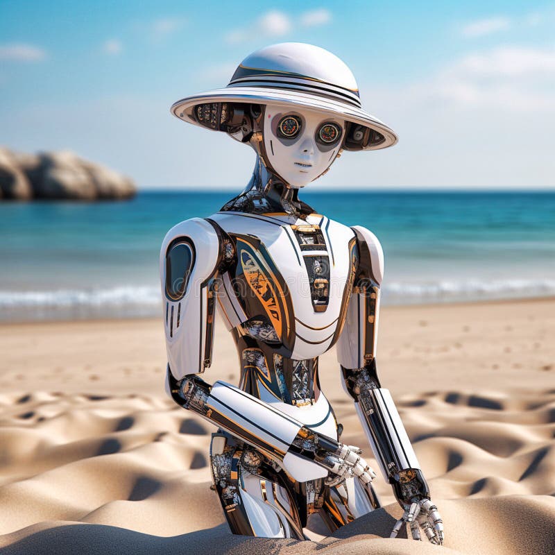 A Female Robot Dressed in a White Black Striped, Generative AI Stock ...