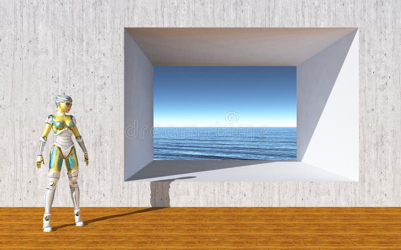 Female Robot in Front of Wall with Opening Stock Illustration ...