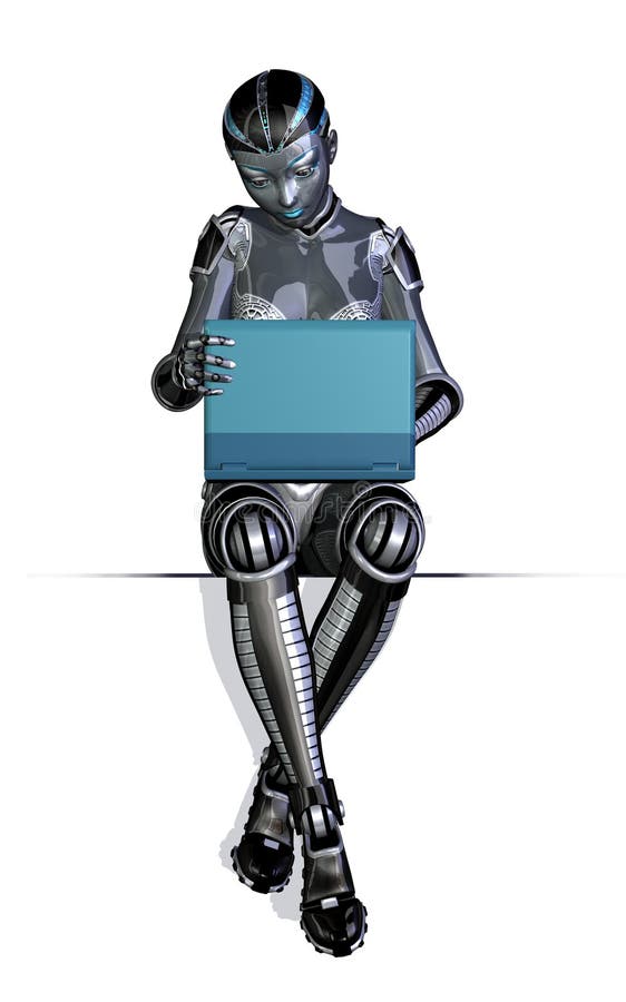 Female Robot with Laptop Computer Stock Illustration - Illustration of ...
