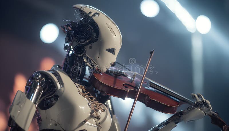 Female Robot Musician Playing Violin on Stage with Blurred Lights Stock ...