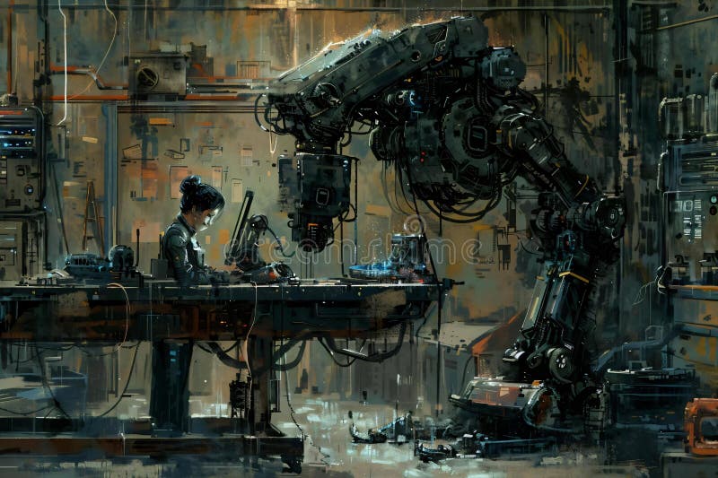 Female Robot Repairs Large Mechanical Arm Precision Skill Cluttered ...