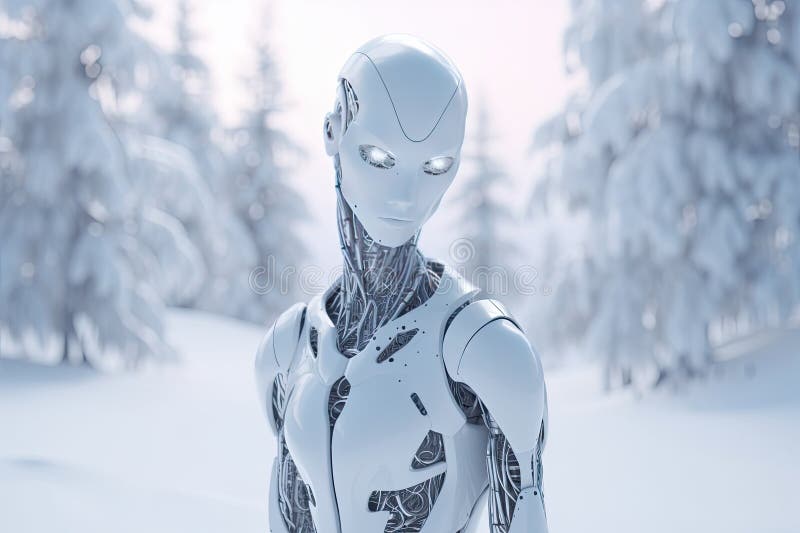 A Female Robot Standing in the Snow in a Forest Stock Illustration ...