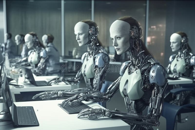 Female Robot Working in a Smart Office Stock Illustration ...