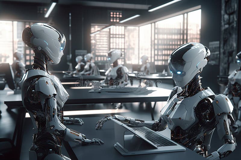 Female Robot Working in a Smart Office Stock Illustration ...