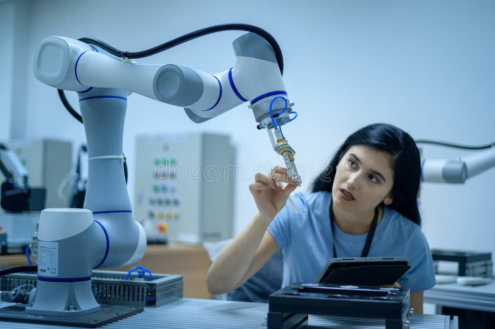 Female Robotics Engineer Working with Programming and Manipulating ...