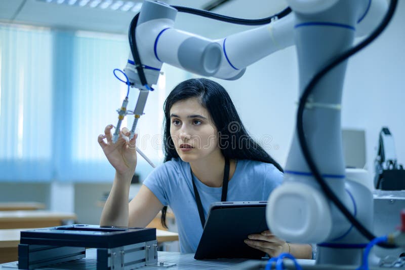 Female Robotics Engineer Working With Programming And Manipulating