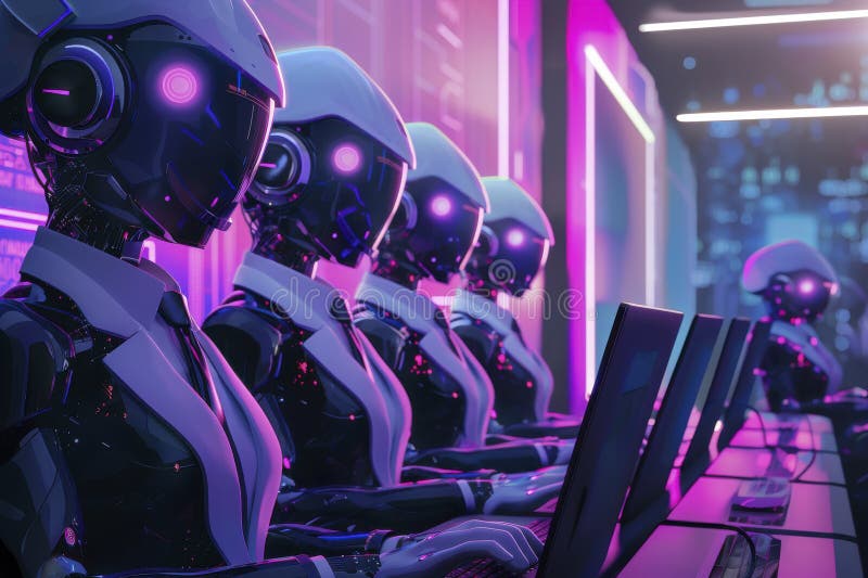 Female Robots Sit at Computers in the Office. Robotization of the World ...