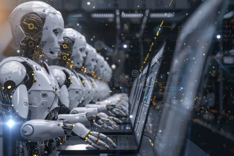 Female Robots Sit at Computers in the Office. Robotization of the World ...