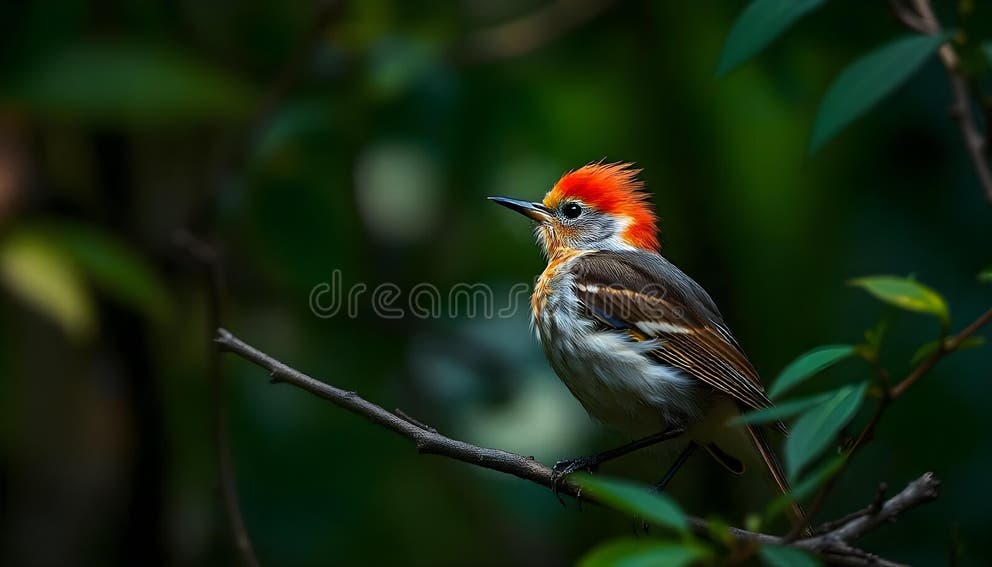 Female Ruby-crowned Kinglet with Red Crown Feathers Perched in a Dense ...