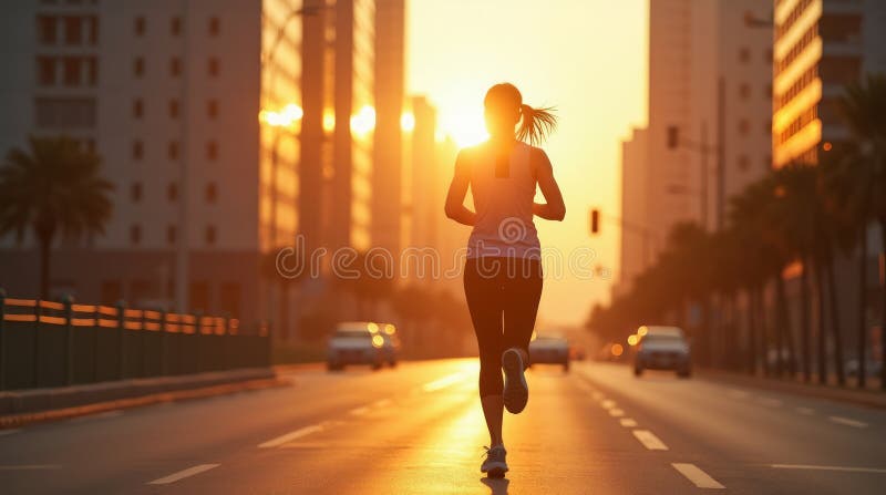 Female Runner Jogging through a Cityscape at Dawn Stock Photo - Image ...