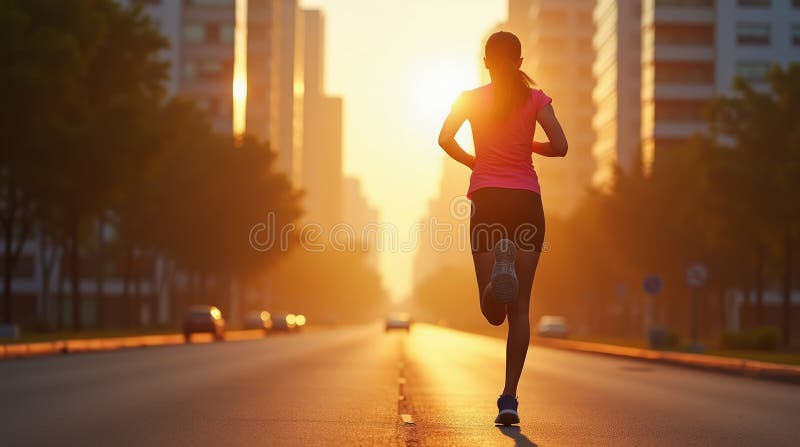 Female Runner Jogging through a Cityscape at Dawn Stock Image - Image ...