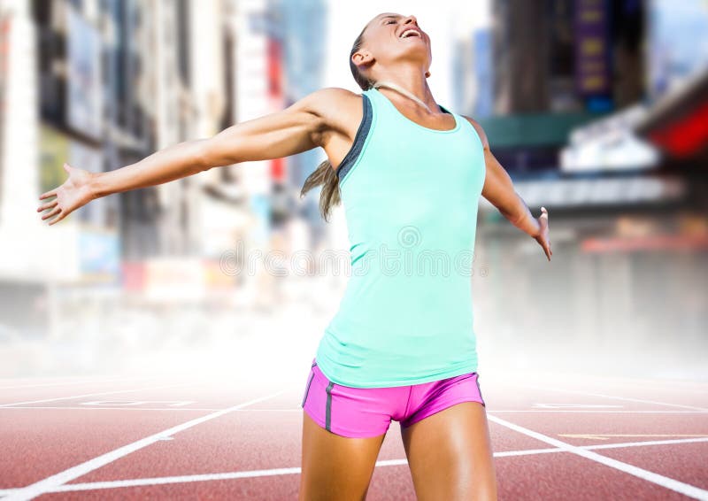 Female Runner on Track Against Blurry City Stock Photo - Image of ...