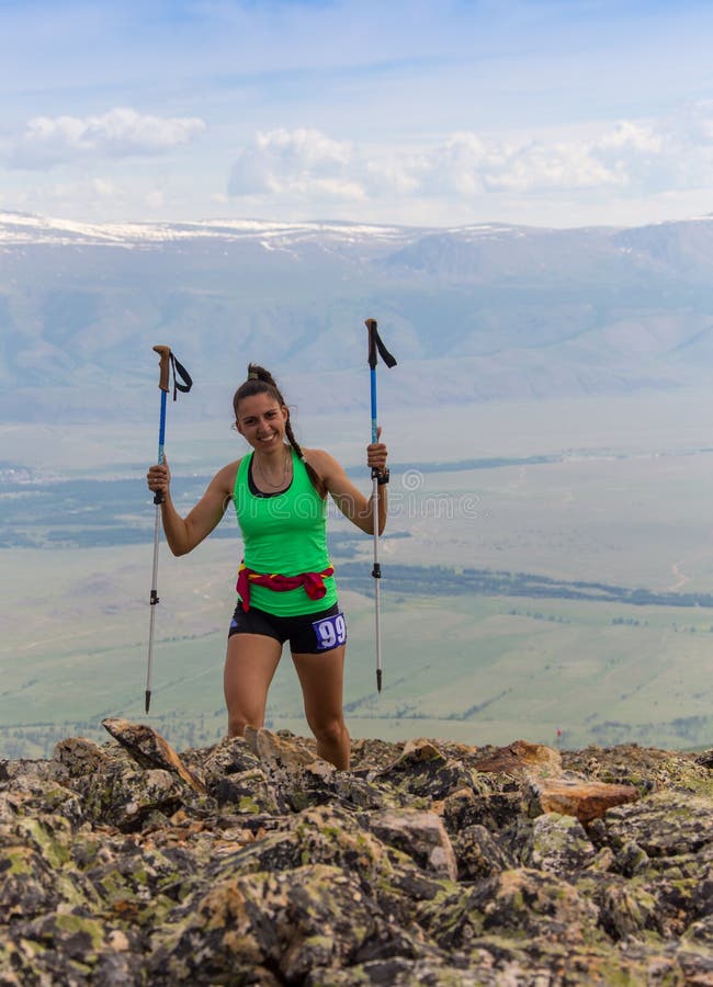 Female Running in Mountains Under Sunlight. Stock Photo - Image of ...